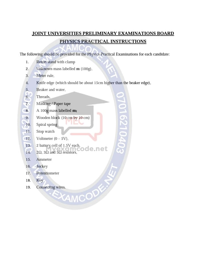 JUPEB Practical Specimens and Instructions to Universities for 2022/ ...