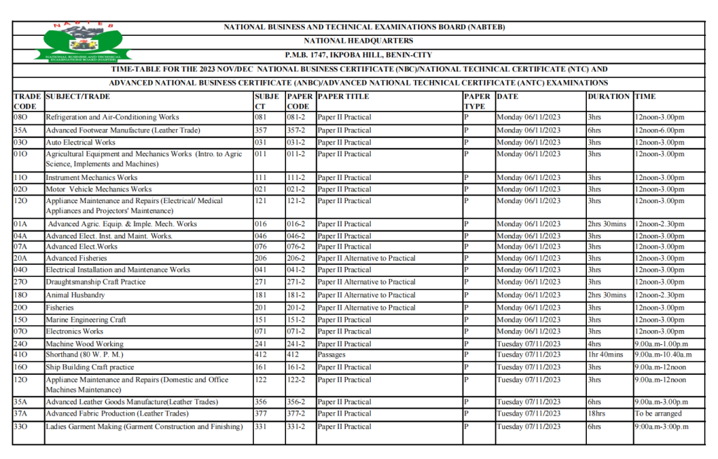 NABTEB GCE Timetable for 2023 November/December Examination ...