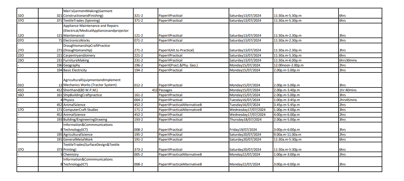 NABTEB Final Timetable for 2024 May/June NBC/NTC Examination ...