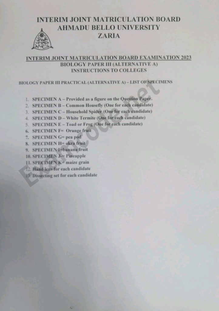 IJMB Practical Specimen and Instructions to Schools for 2022/2023 ...