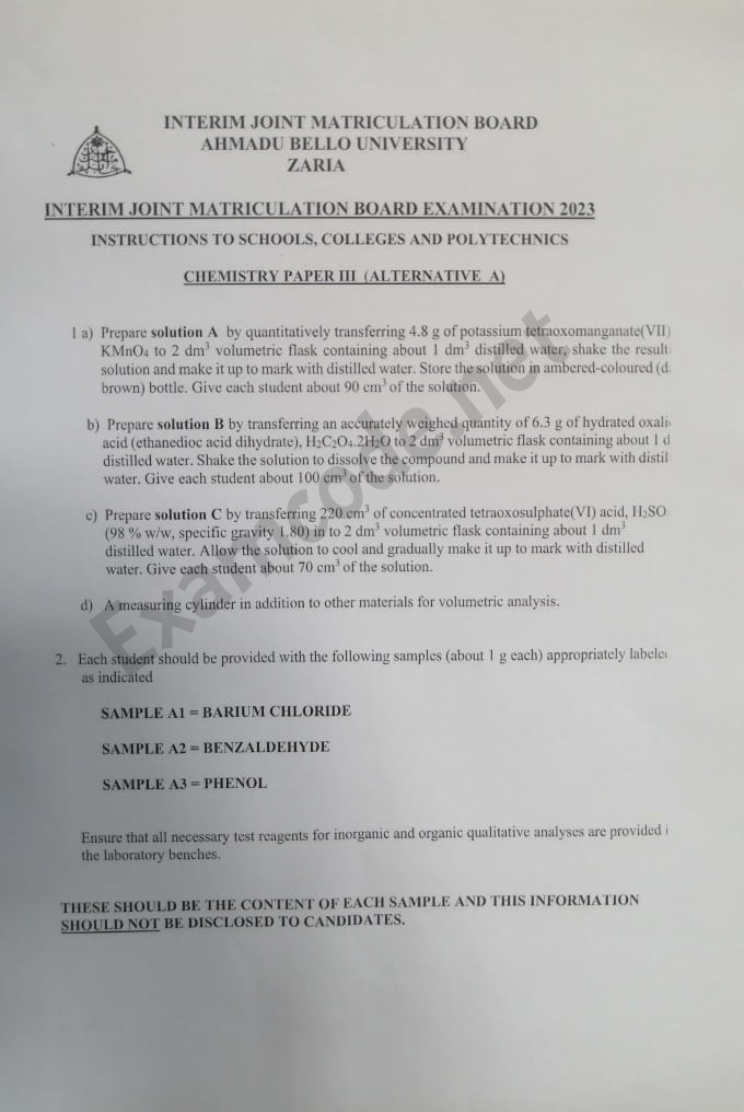 IJMB Practical Specimen and Instructions to Schools for 2022/2023 ...